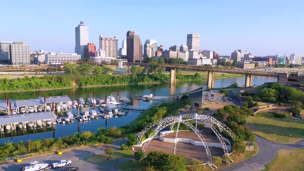 Aerial over the waterfront area reveals downtown business district of ...