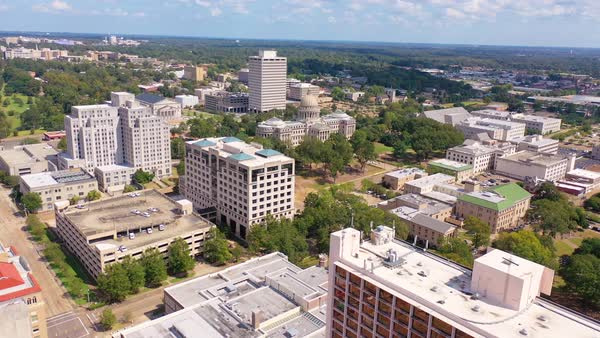 Very good aerial over the Mississippi State Capitol building in Jackson ...