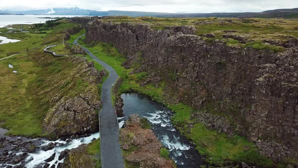 Beautiful aerial of the mid Atlantic ridge running through Thingvellir ...