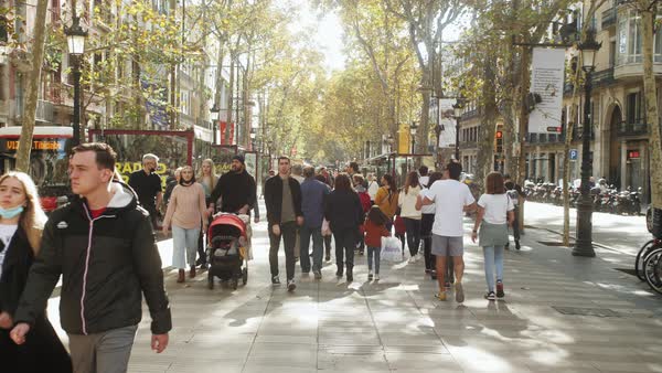 Busy Streets In Barcelona A Walk Down La Rambla In Barcelona, Spain