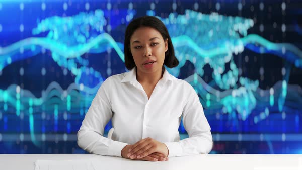 Generic TV news background with African American anchorwoman, template ...