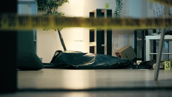 Messy crime scene with dead victim in body bag on floor and evidence ...