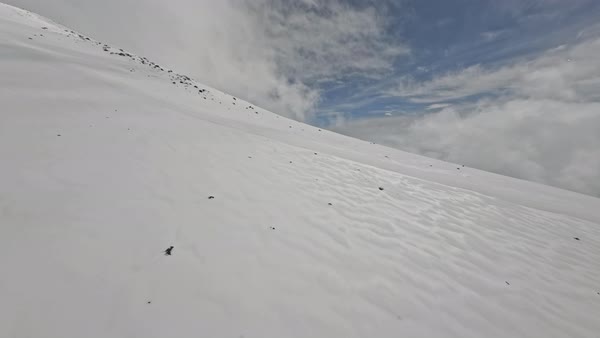 FPV drone low dynamic flight over snow field to group people extreme ...