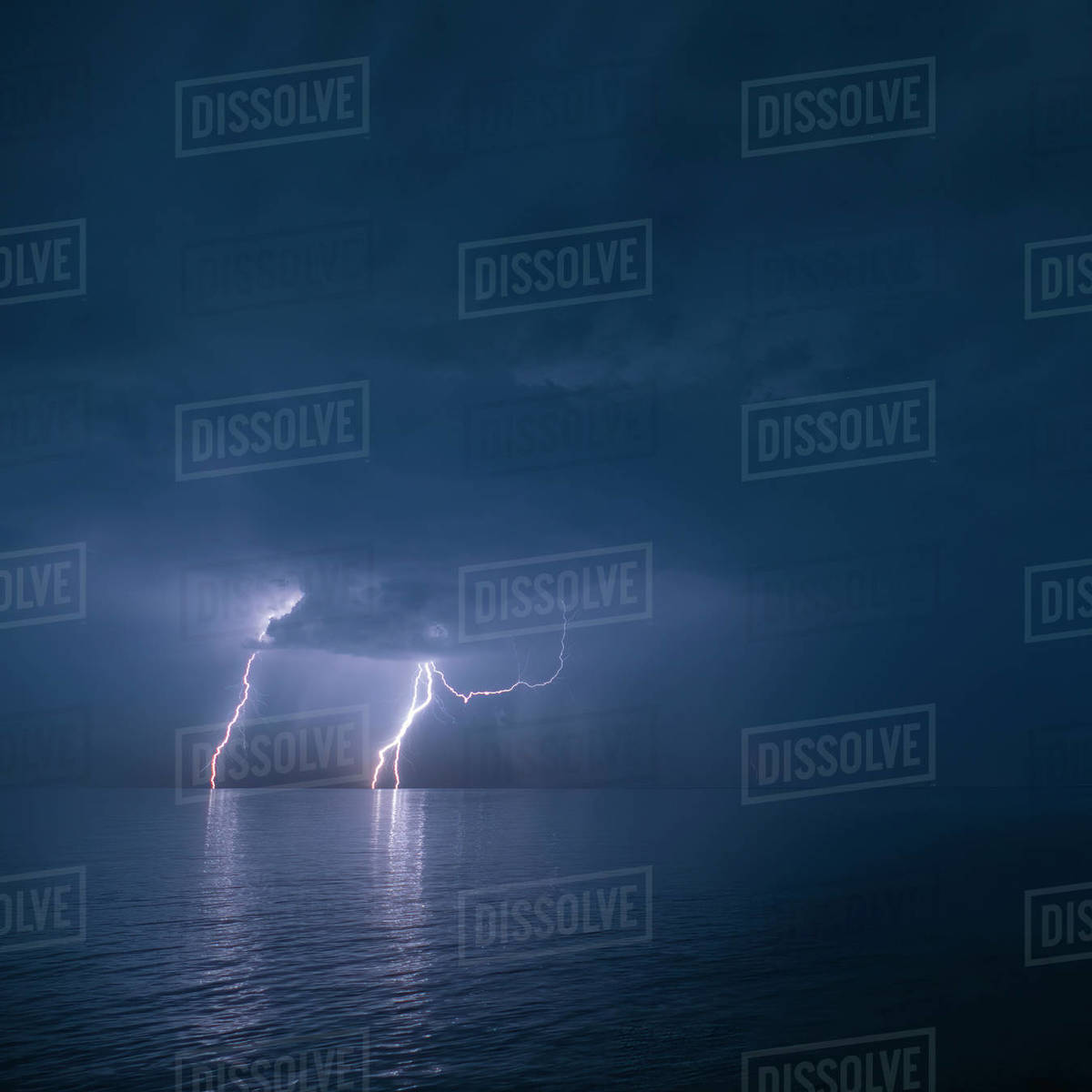 Lightning over water. Electric discharge. Nature background for design ...