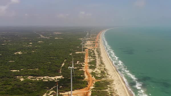 Top view of Group of wind turbines on the coastline. Mannar, Sri Lanka ...