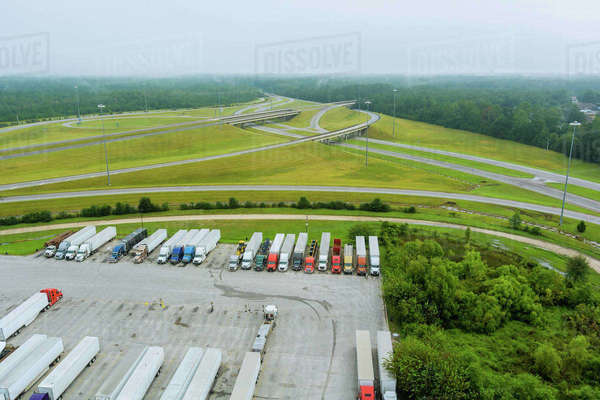 Aerial view of parking lot with trucks on transportation of truck rest ...