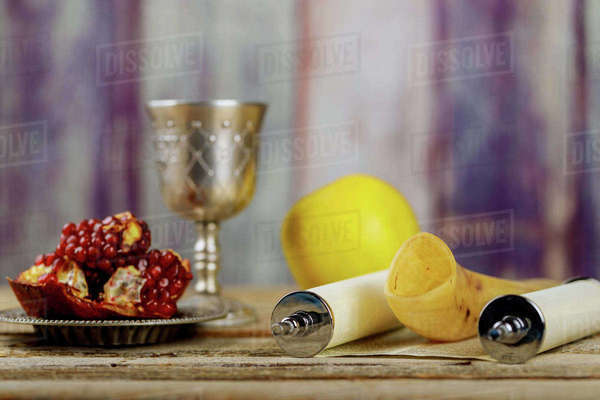 On the table on the synagogue are the symbols of Rosh hashanah Jewish ...