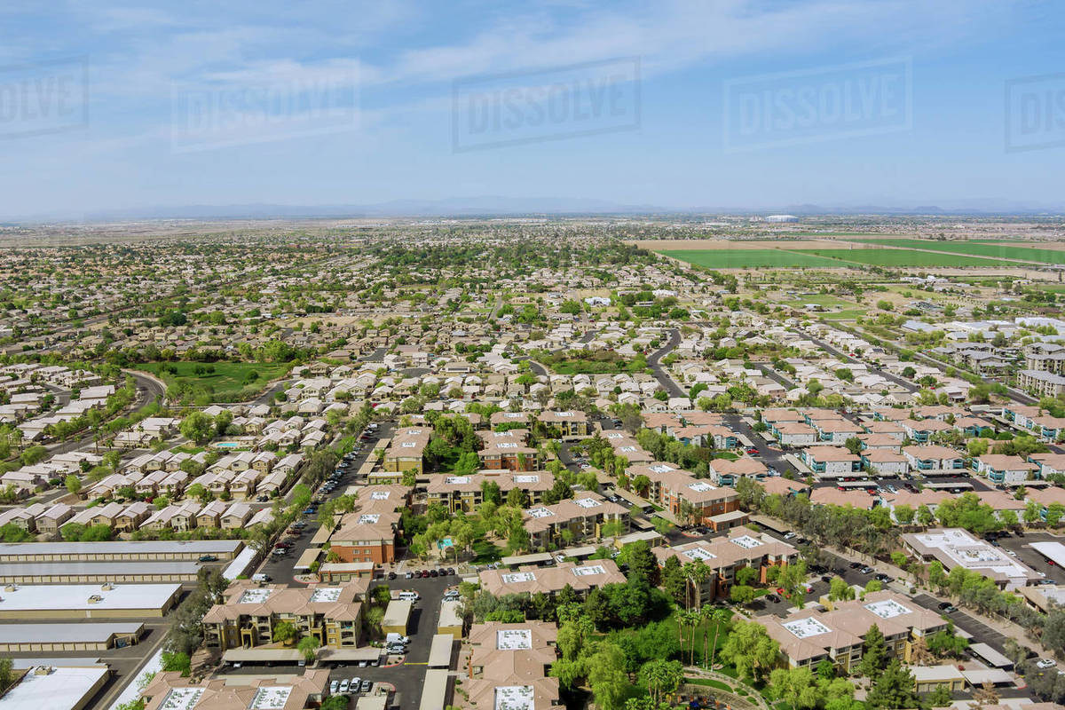 Aerial view urban quarter of residential development area roofs ...