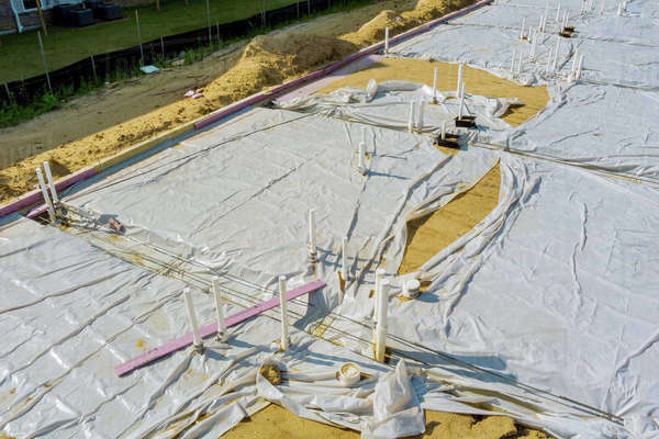 Aerial view on work with drainage system lying installation of a new ...