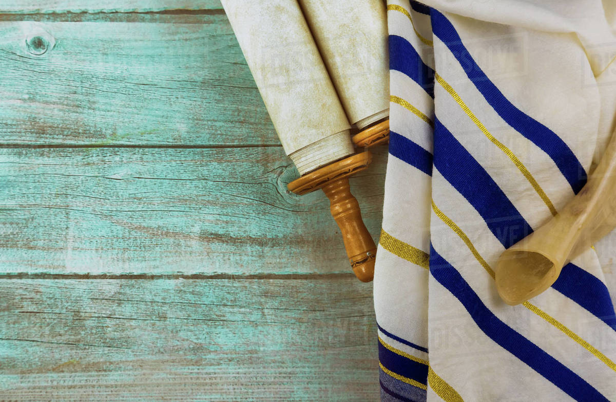 Jewish holidays, during prayer items kippa with prayer shawl tallit on ...