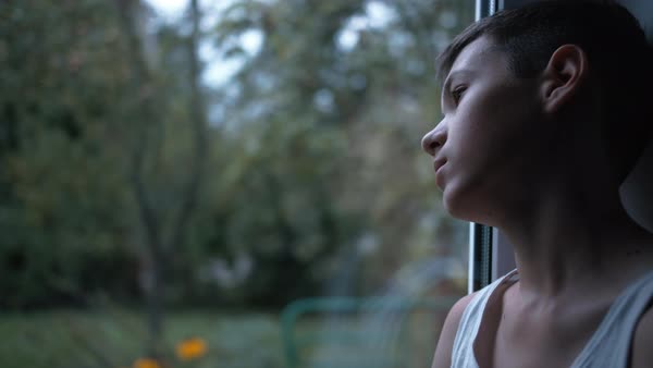 portrait of a sad boy looking out the window, lost childhood ...