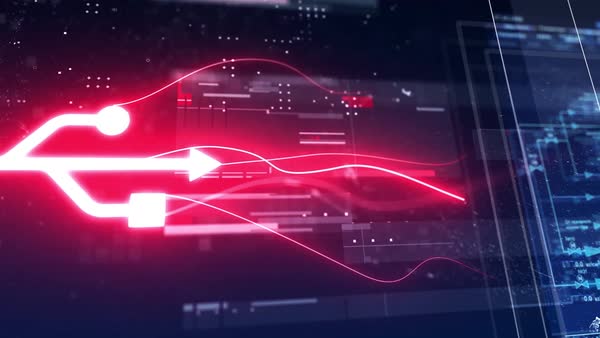 USB flash card with red glow inserted in the laptop on cyber icons ...