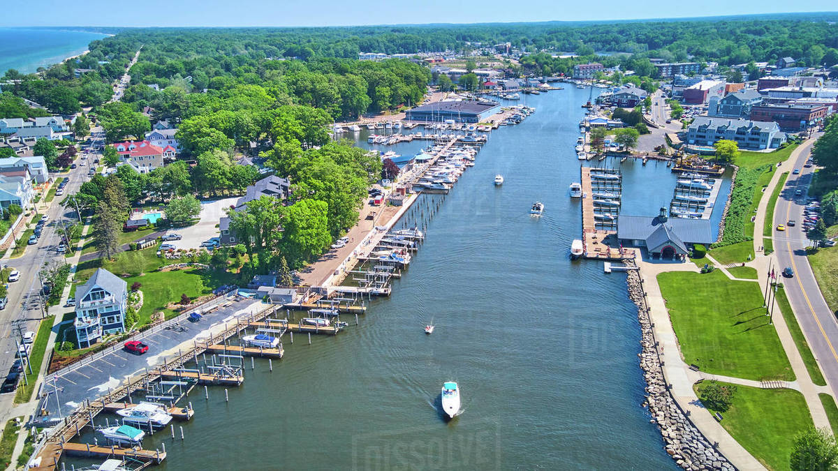 Aerial of small port town with boats in Michigan - Royalty-free Stock ...