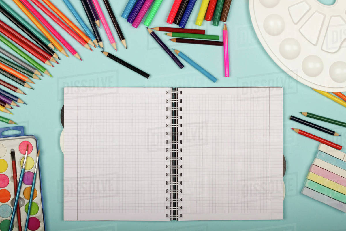 Blank sheet of paper of an open math notebook, art school supplies for ...