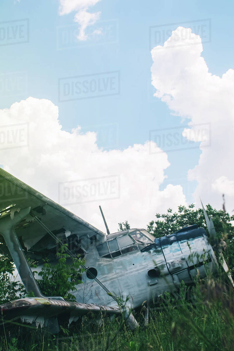Close-up of a crashed airplane wing. The metal frame and internal parts ...