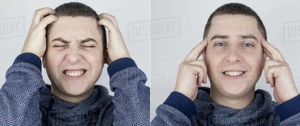 Before and after. On the left, the man indicates a headache, and on the ...