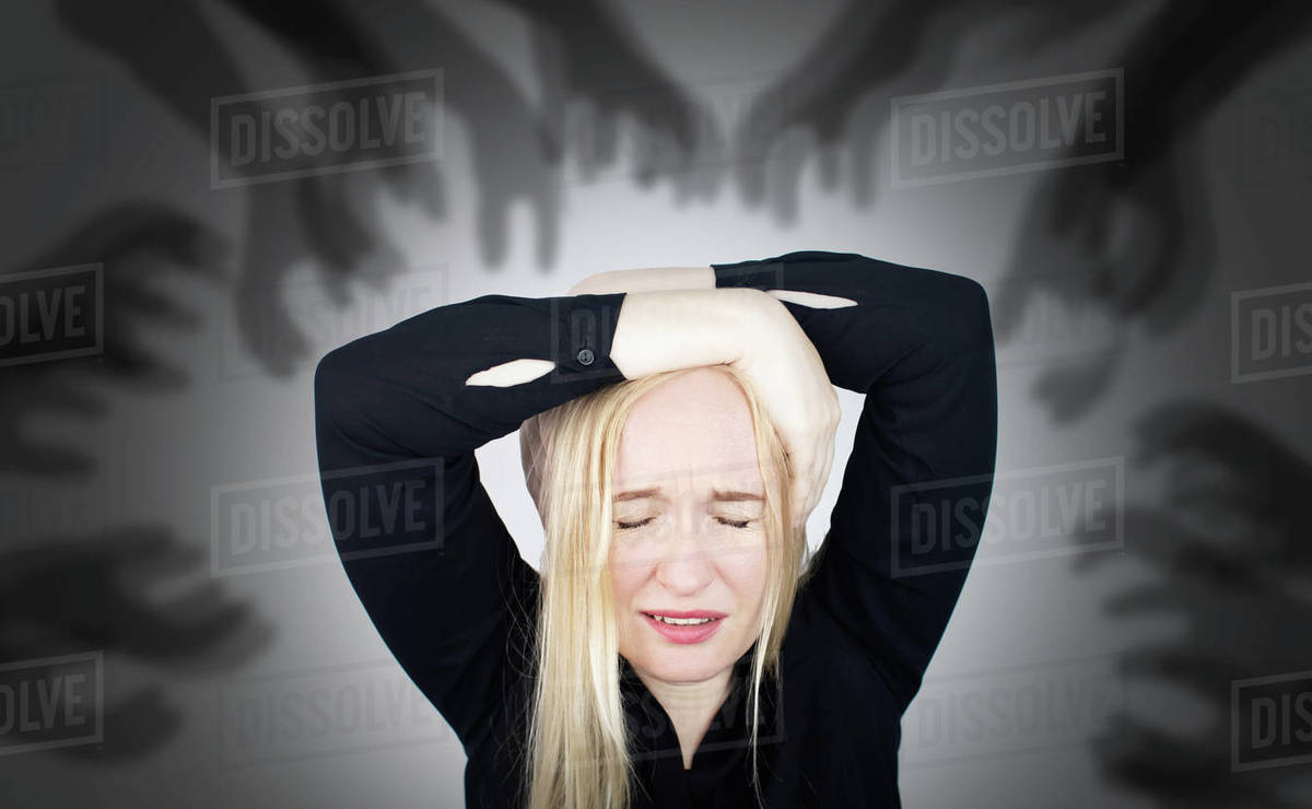 The woman is experiencing a panic attack. The concept of phobia, fears ...