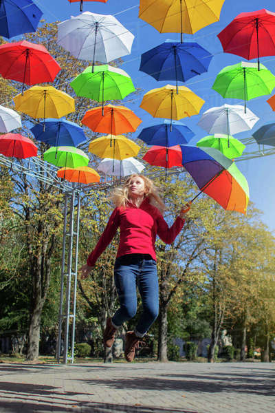 Colorful umbrellas. Bottom view. Conceptual art object. No labels or ...