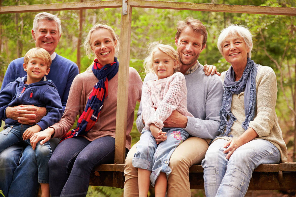 Multi-generation family portrait on a bridge in a forest - Royalty-free ...