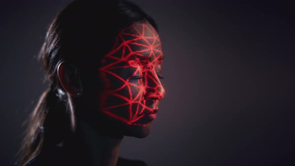 Facial Recognition Technology Concept As Woman Has Red Grid Projected ...