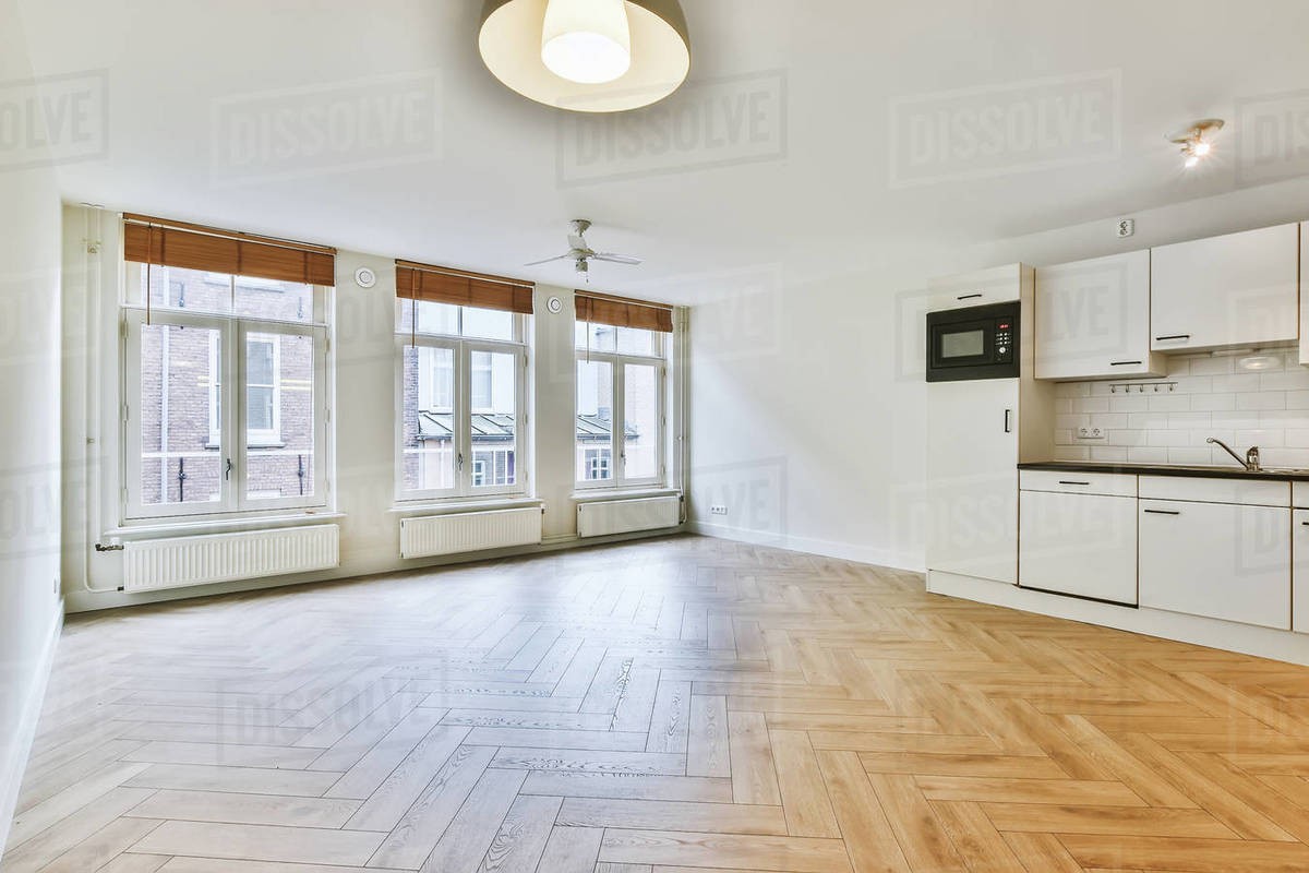 Interior design of spacious empty studio apartment with large windows ...