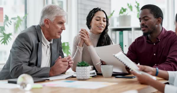 Meeting, man with proposal and woman boss with paperwork, ideas and ...