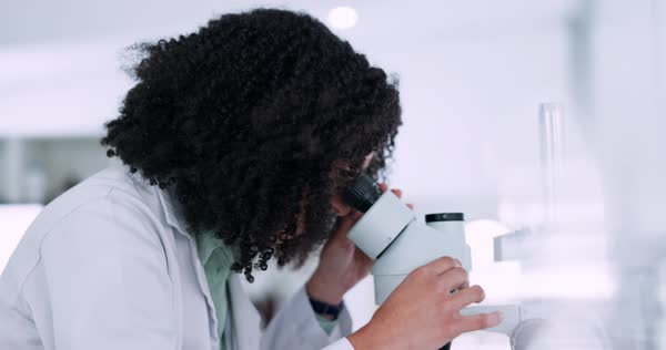 Microscope, science and woman scientist working on dna analysis for ...