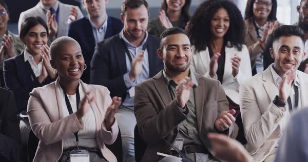 Celebrating, applause or audience clapping hands happy for a winning ...