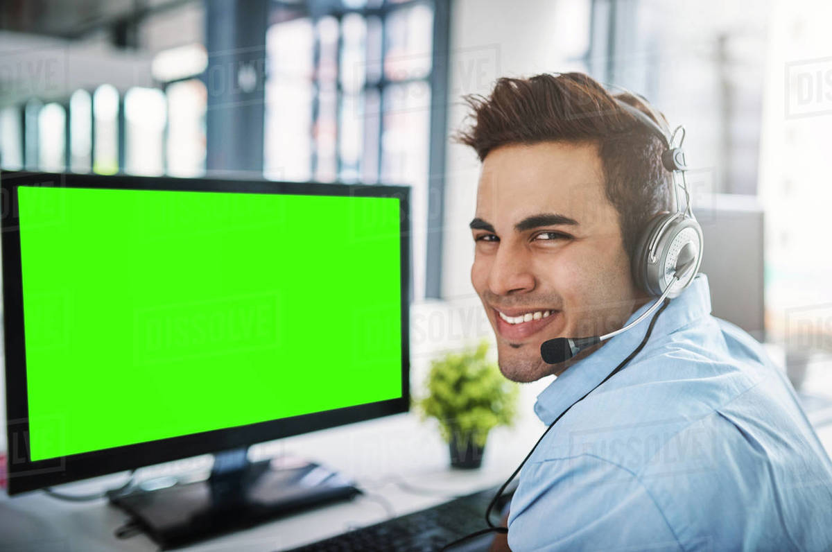 Businessman face, call center and green screen on computer in customer ...