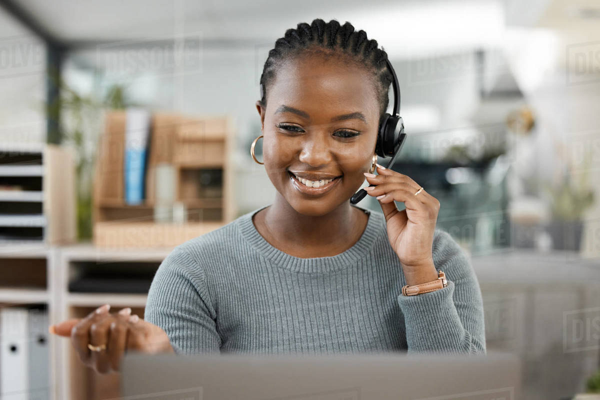 Happy black woman, call center and smile for consulting, customer ...