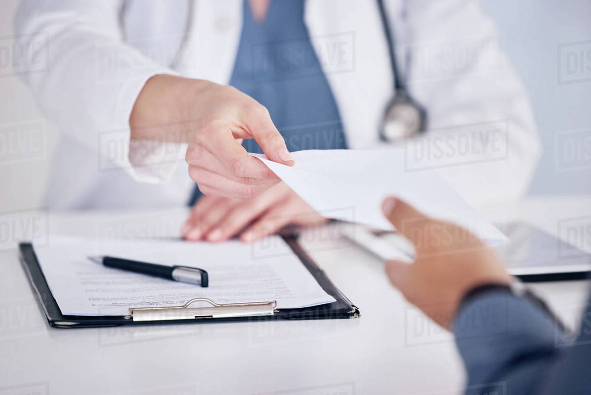 Doctor, hands and customer with documents for prescription or ...