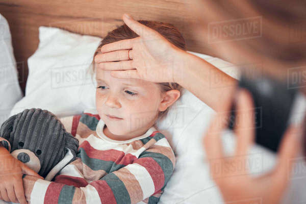 Sick, fever and girl in a bed, health issue and check temperature with ...