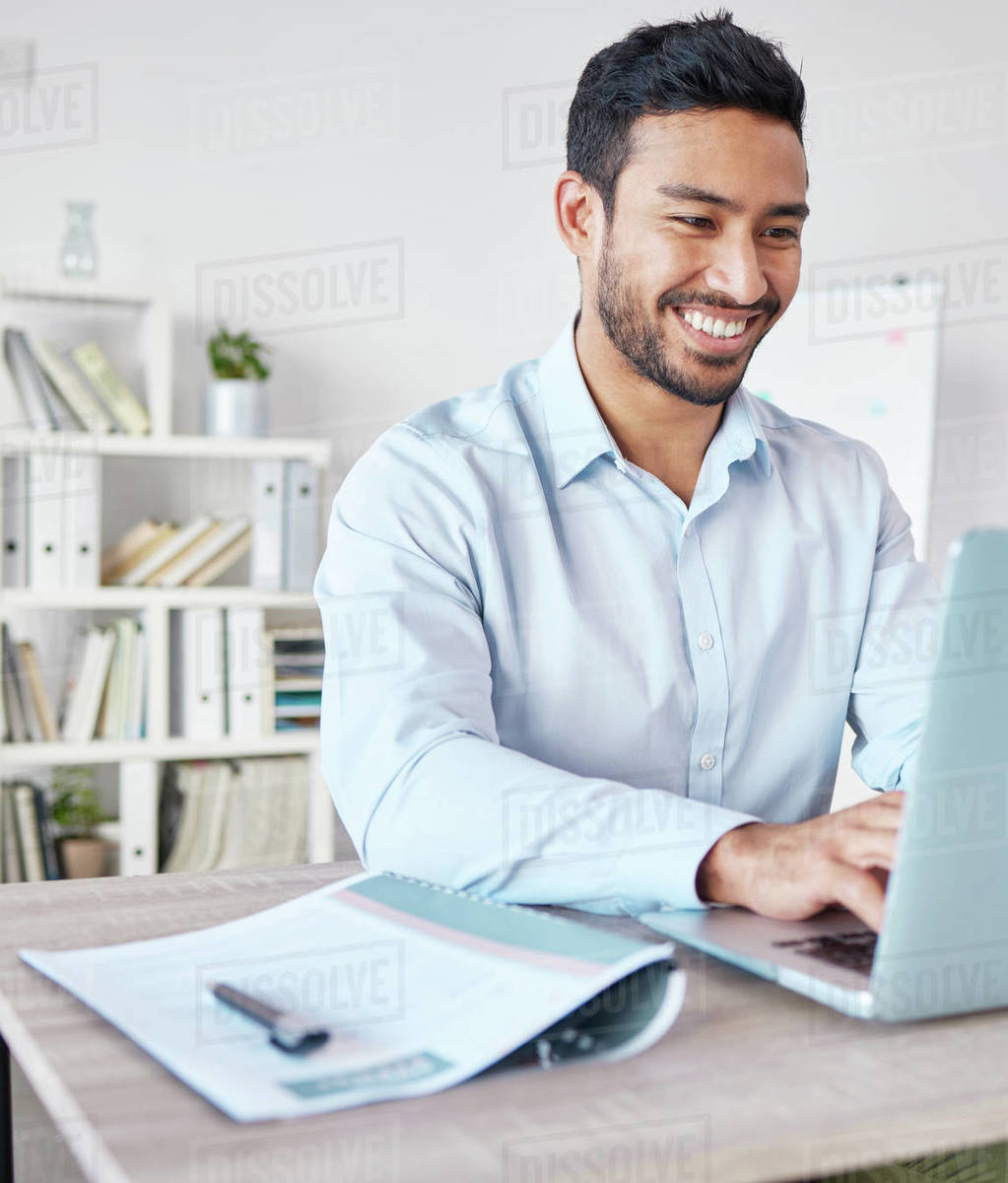 Laptop, business man and auditor typing in office, workplace or company ...