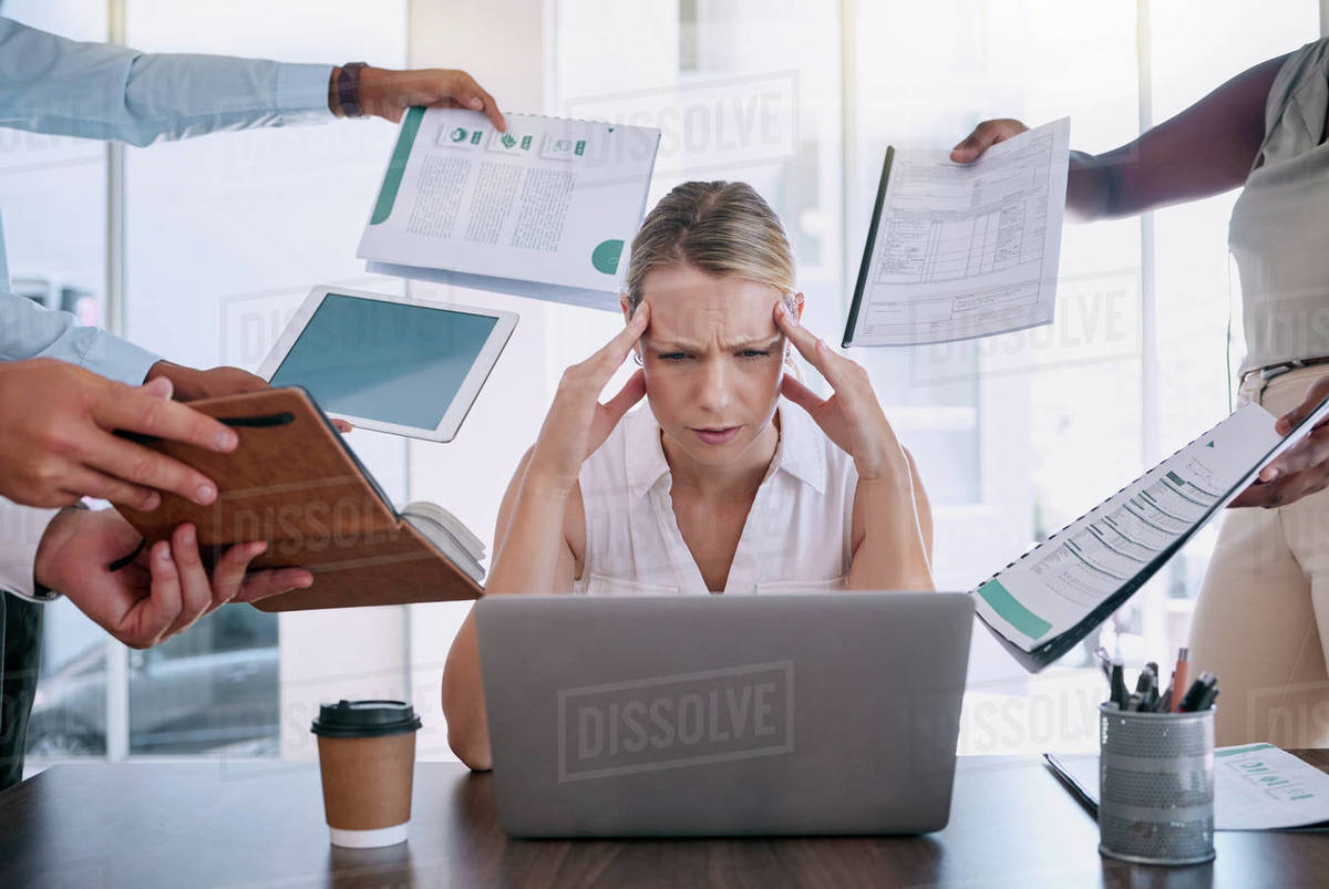 Work stress, headache and burnout mindset of a business woman working ...