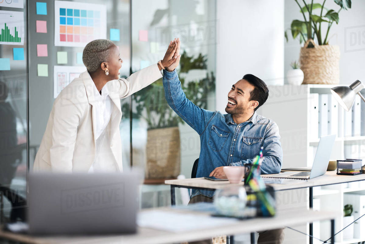 High five, happiness and business people celebrate teamwork, website design achievement or ...