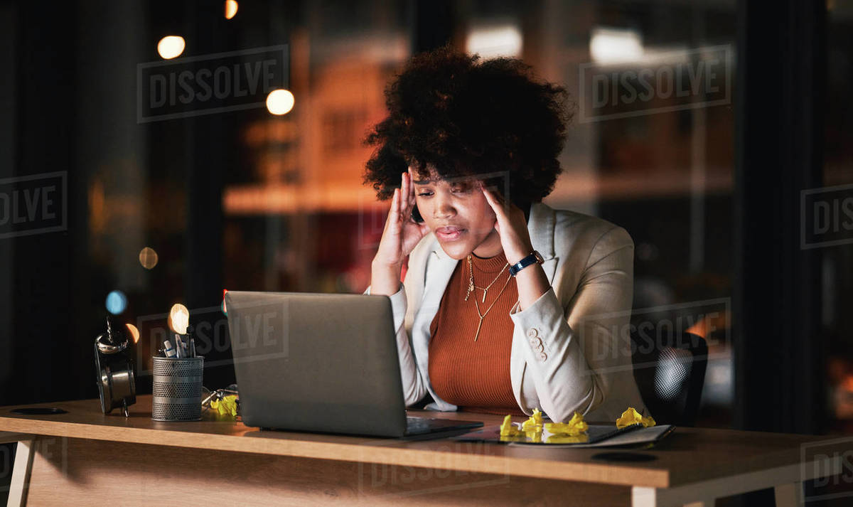 Business woman, stress and headache on computer of project proposal ...
