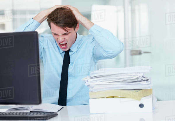 Stress, shouting and burnout with a business man in his office, sitting ...