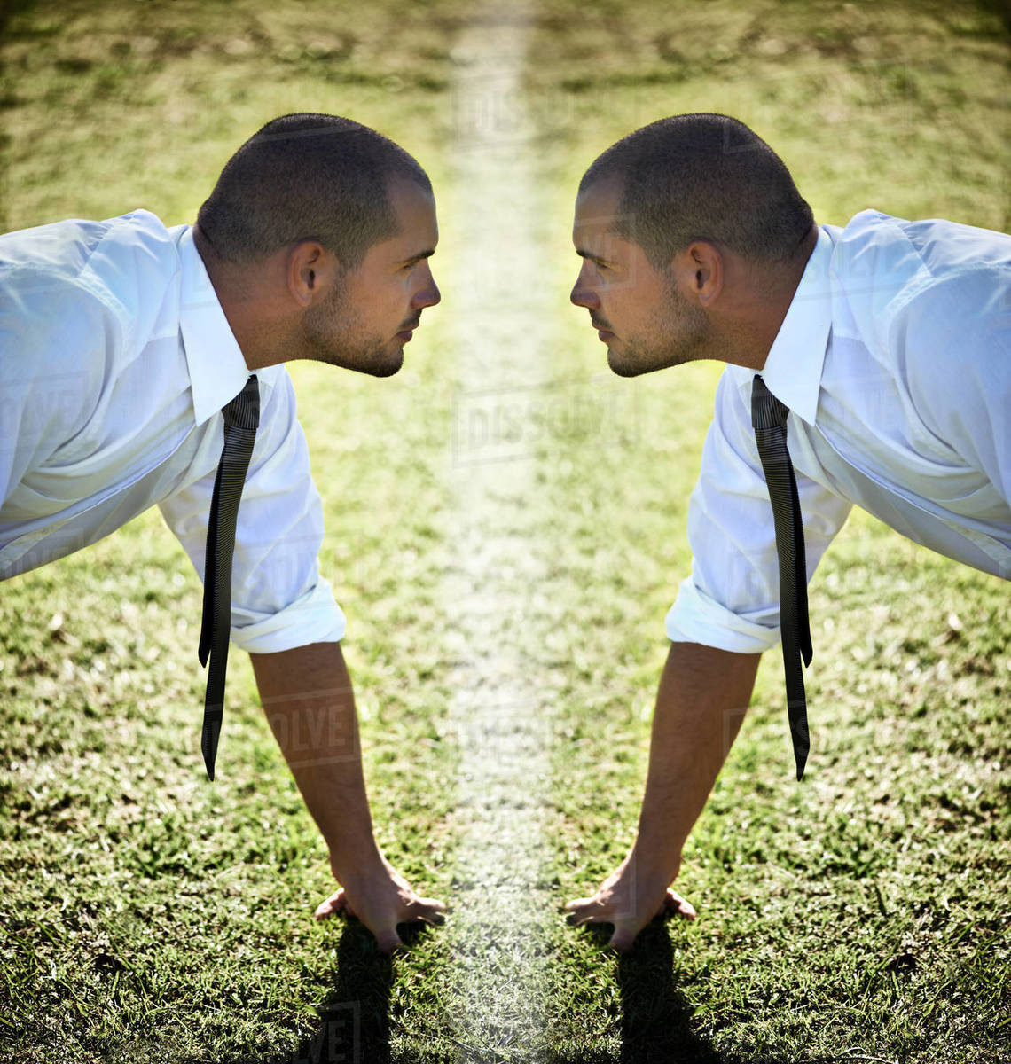 Businessman, sports field and challenge competition or mirror ...