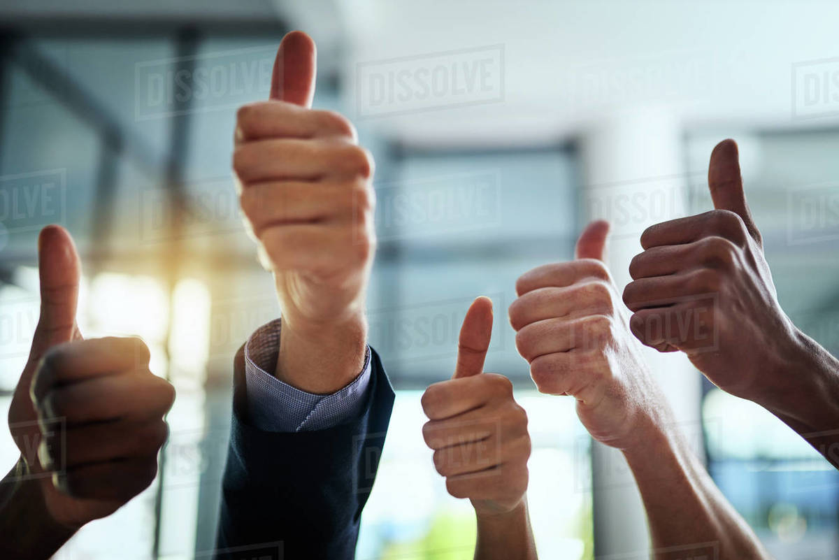 Thumbs up, support and hand sign shown by professional corporate ...