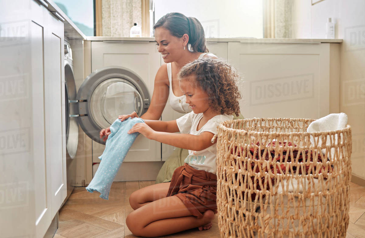 Cleaning, help and washing machine with mother and daughter for laundry, learning and cleaner ...