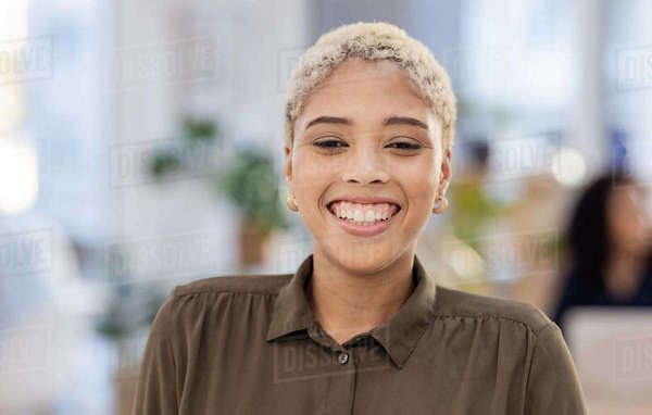Professional black woman, face and smile in portrait, success and ...