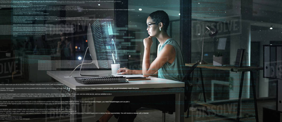 Future computer hologram, thinking and woman review finance chart ...