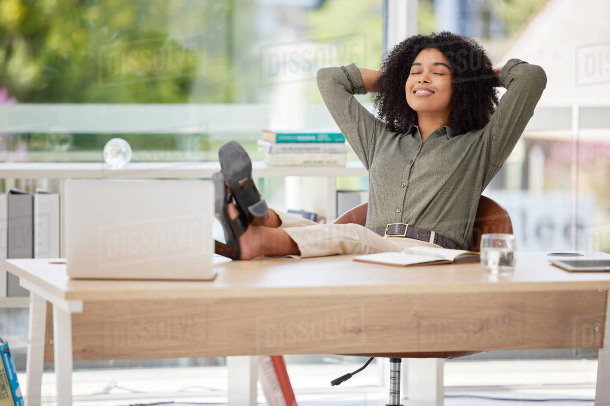 Business, black woman in office or rest after productivity, peace or ...