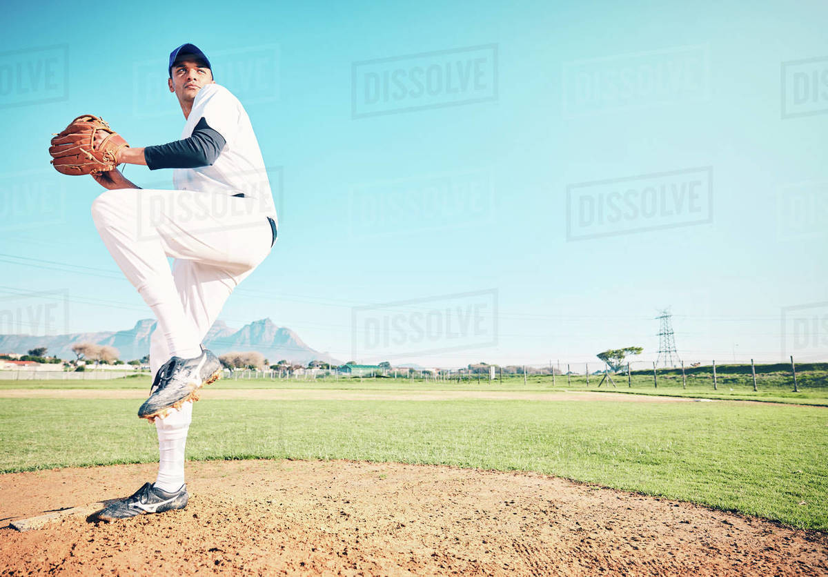 Sports athlete, baseball field or man throwing in competition mock up ...