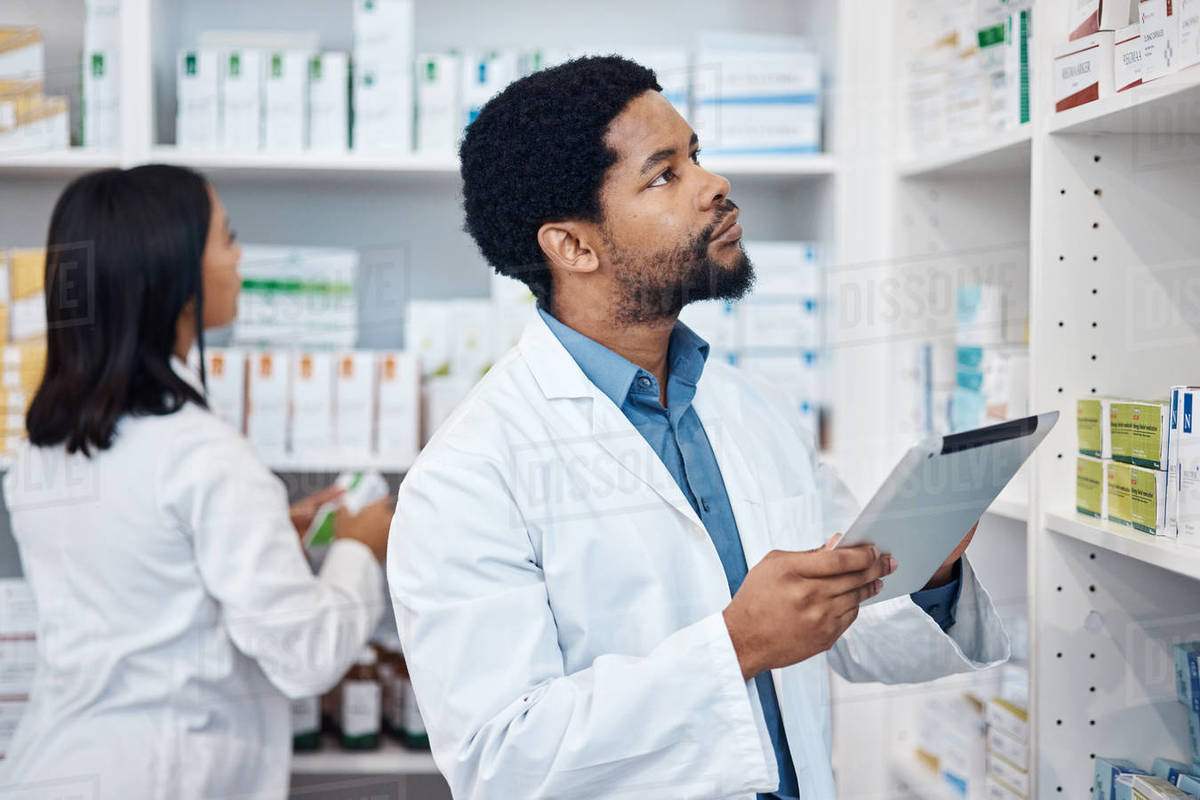 Pharmacy stock check, black man and tablet checklist of medicine and ...