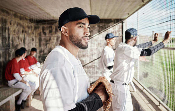 Baseball, sports and man with team in stadium watching games, practice ...