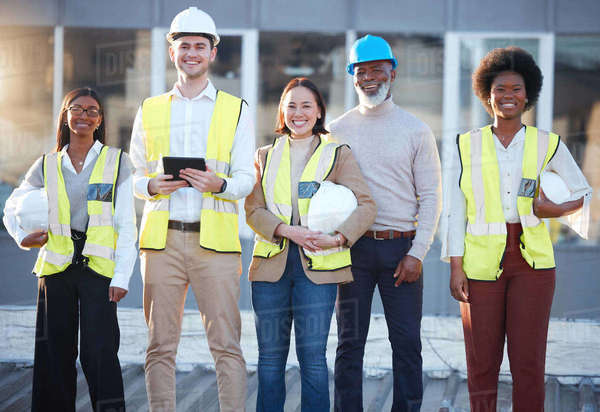 Group portrait of construction worker people, engineering or contractor ...
