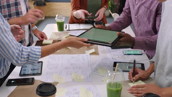 Architecture team, phone and picture of floor plan, teamwork and ...