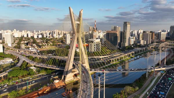 Cable Bridge At Downtown In Sao Paulo Brazil. Cityscape Bridge. Traffic ...