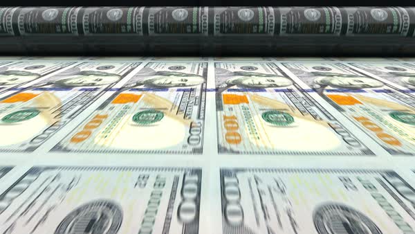 100 USA dollars banknotes are being printed by currency press machine ...